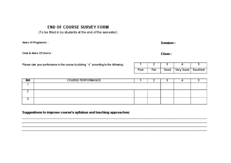 End of Course Survey Form: (To Be Filled in by Students at The End of ...