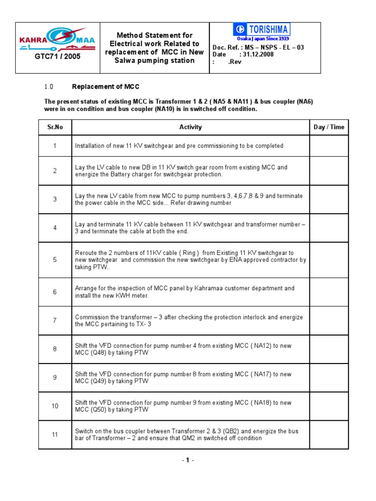 Method Statement For Replacing of Existing MCC | PDF | Electric Power ...