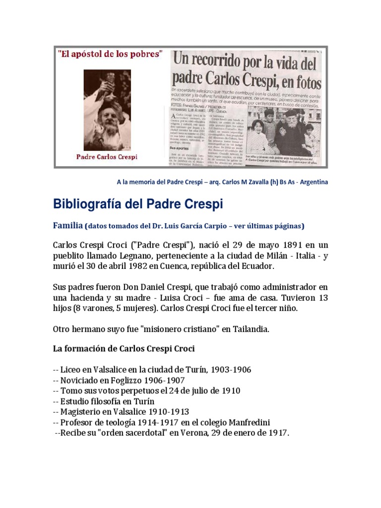 La vida y obra del Padre Crespi misionero en Ecuador | PDF | Museo ...