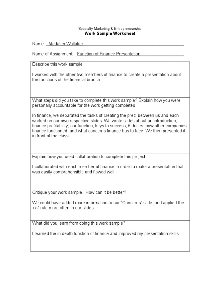 Work Sample Reflection Sheet Finance Presentation | PDF