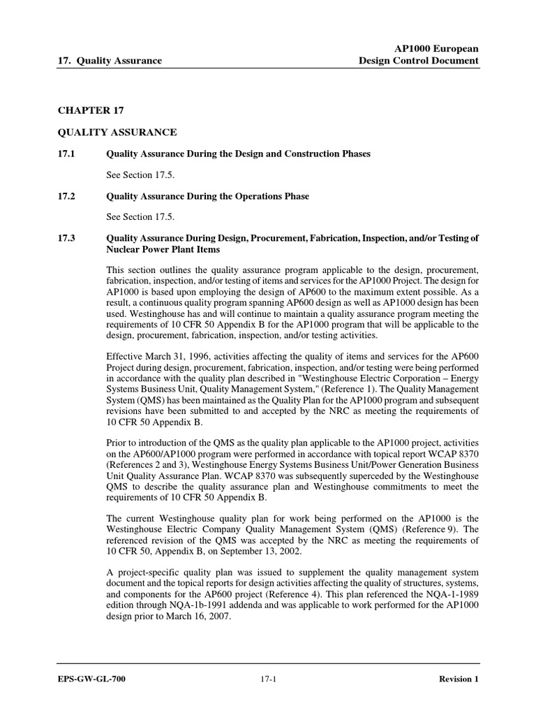 AP1000 Quality Assurance and Design Reliability Program | PDF ...