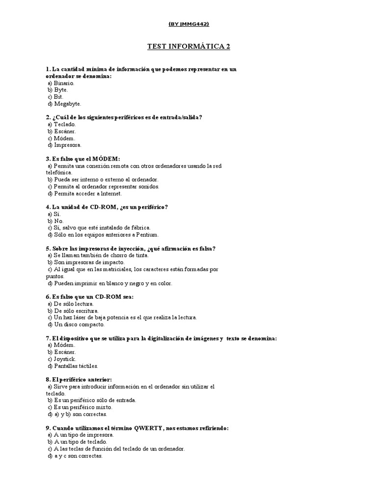 Test de Informatica Basica 2 | PDF | Electrónica | Ingeniería Electrónica
