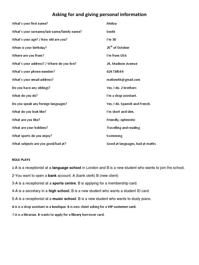 Asking For and Giving Personal Information | PDF | Business