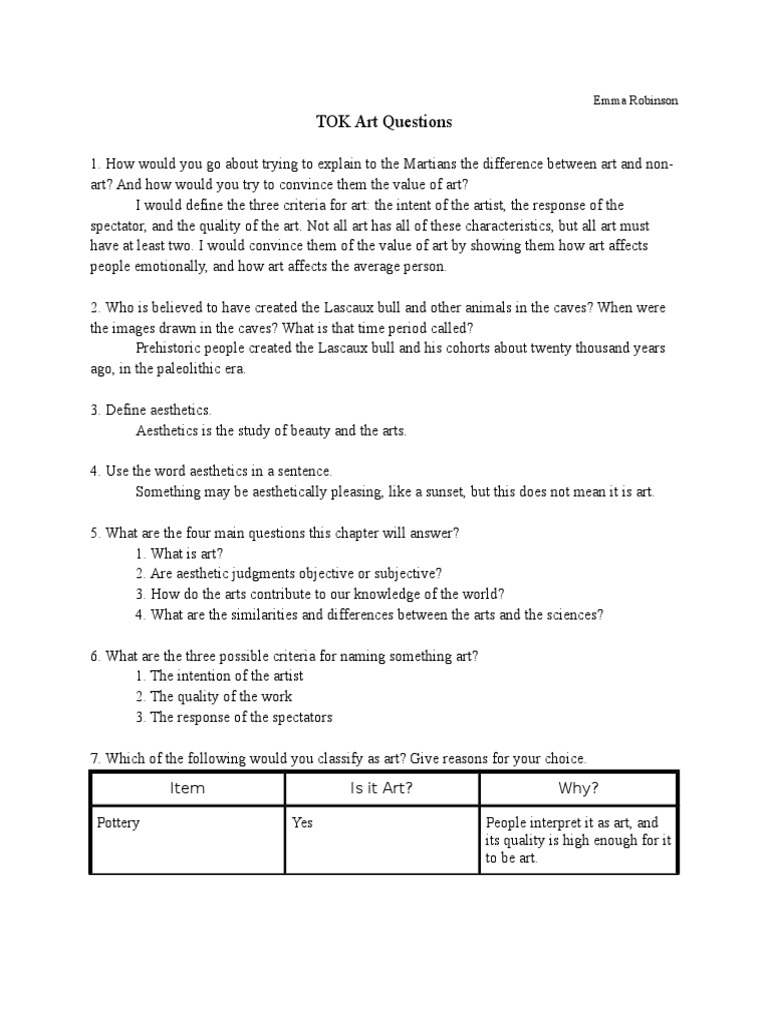 TOK Art Questions | PDF | Aesthetics | Epistemology