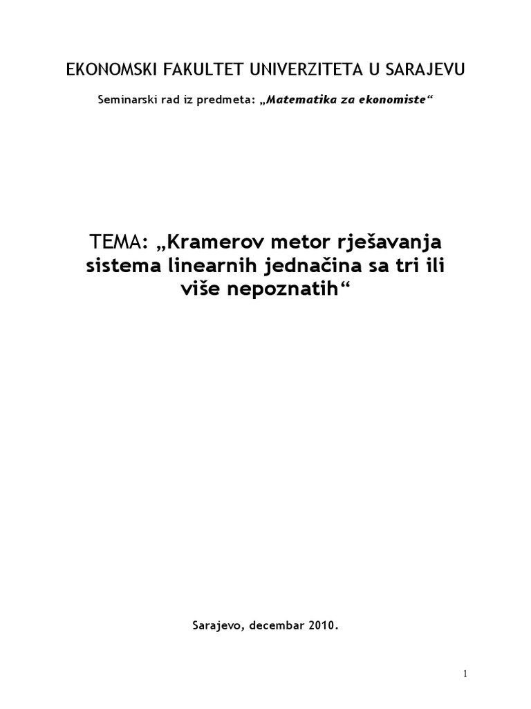 Kramerov Metor Rješavanja Sistema Linearnih Jednačina Sa Tri Ili Više ...