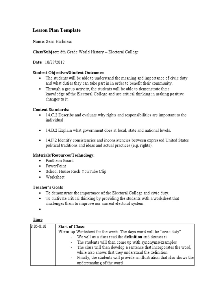 Electoral College Lesson Plan | PDF | Civic Engagement | Lesson Plan