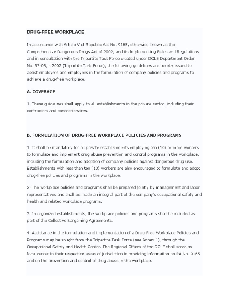 Drug-free Workplace Policy | Drug Test | Occupational Safety And Health ...