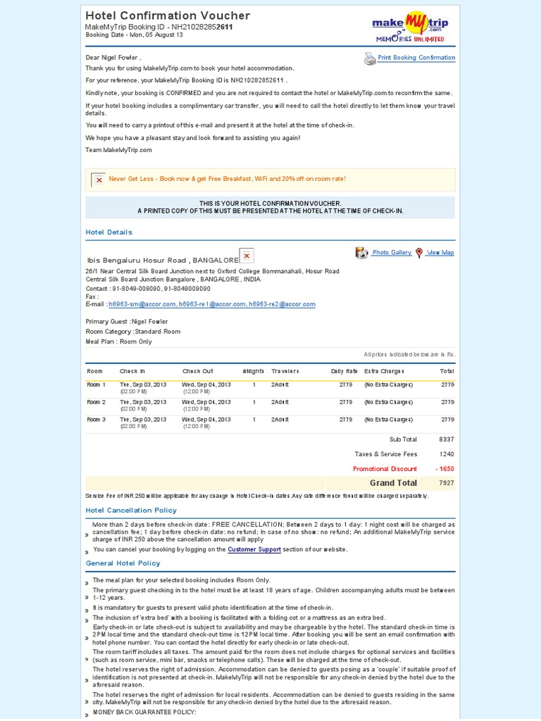 Makemytrip Booking Id Nh210282852611: Hotel Details | PDF | Fee | Hotel