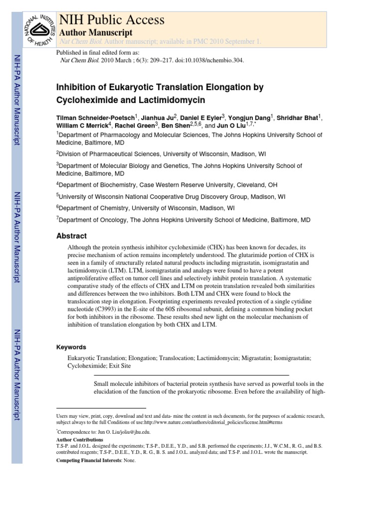 Inhibition of Eukaryotic Translation Elongation by Cycloheximide and ...
