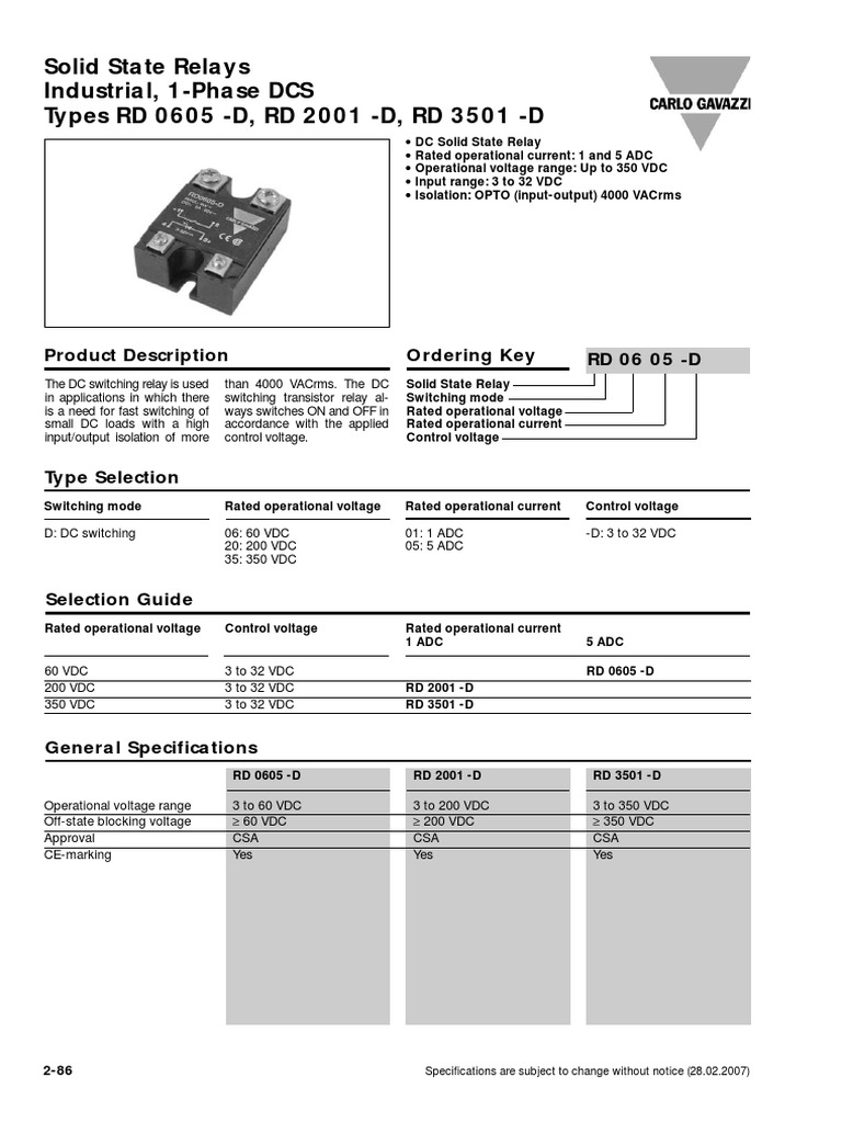 Solid State Relays Industrial, 1-Phase DCS Types RD 0605 - D, RD 2001 ...