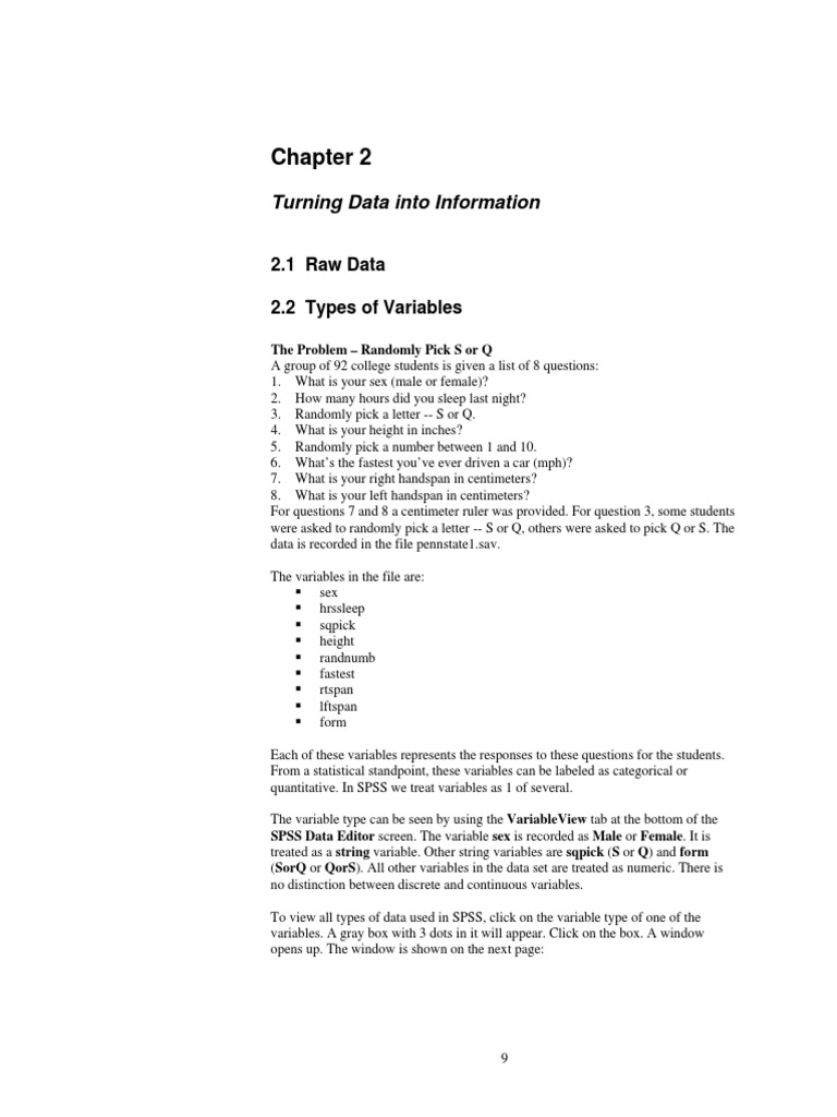 Turning Data Into Information: 2.1 Raw Data 2.2 Types of Variables ...