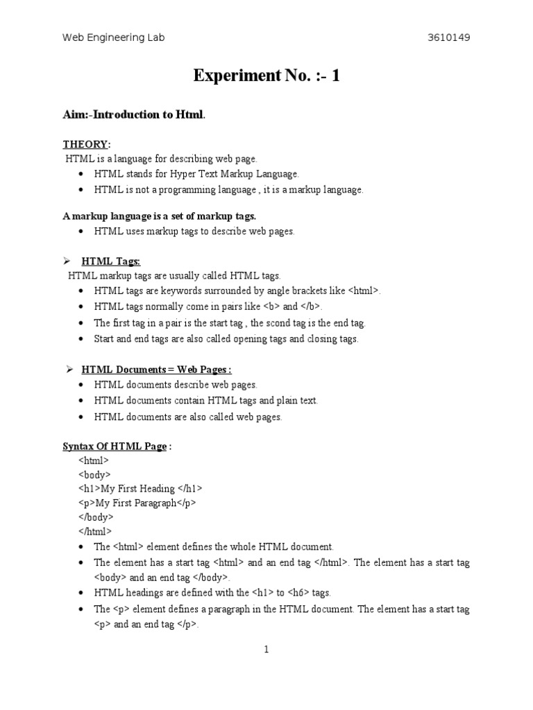 Experiment No.:-1: Aim:-Introduction To HTML | PDF | Html Element | Html