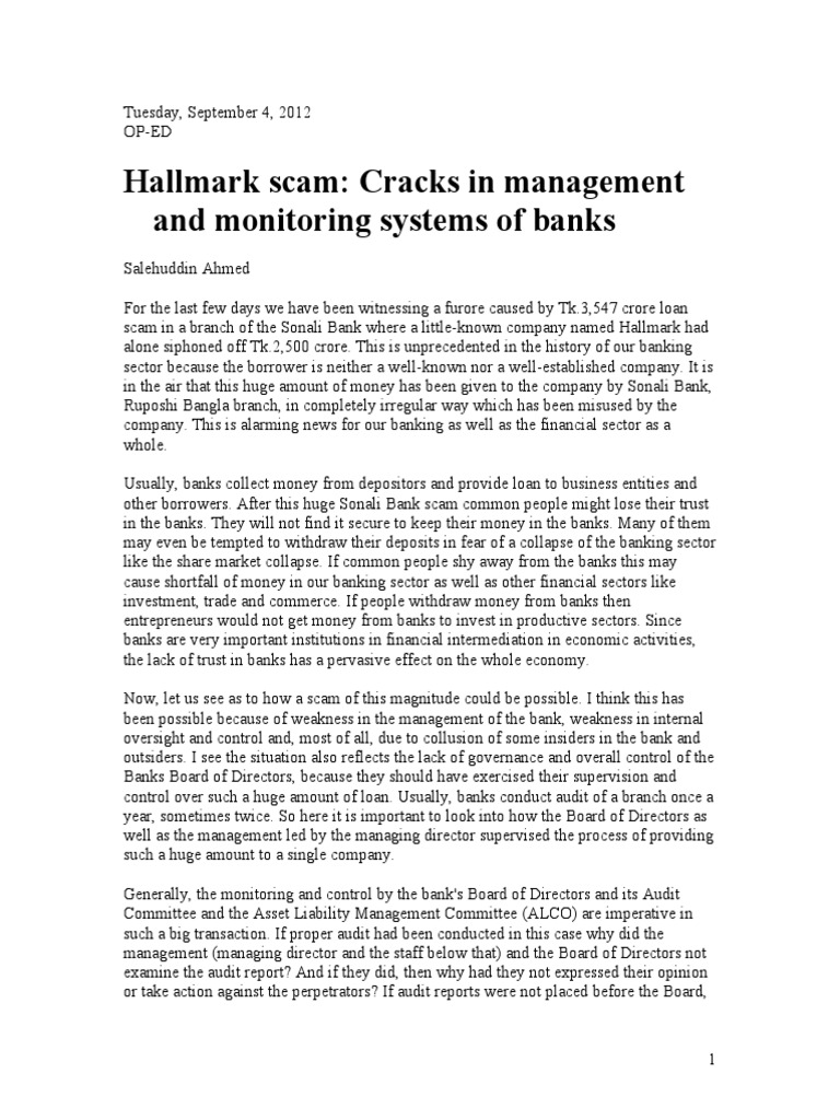 2012 Hallmark Scam Cracks in Mgtand Monitoring Systems of Banks | PDF ...