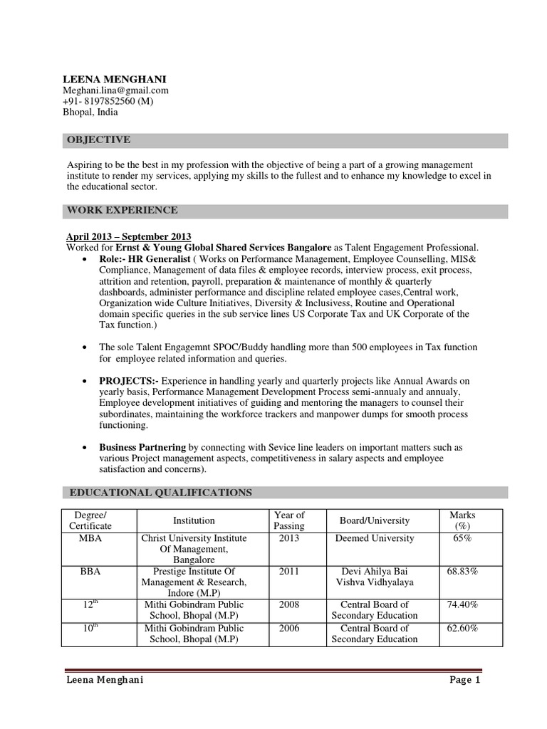 Leena Resume - Aug 2013 | PDF | Human Resources | Employment