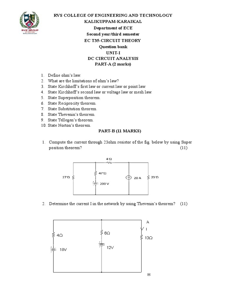 Circuit Theory Question Bank for ECE | PDF | Electrical Impedance ...