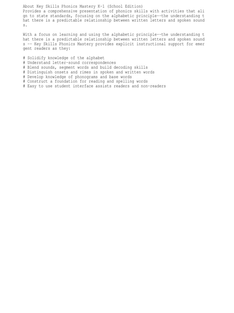 Key Skills For Reading Phonics Mastery K To 1 | PDF