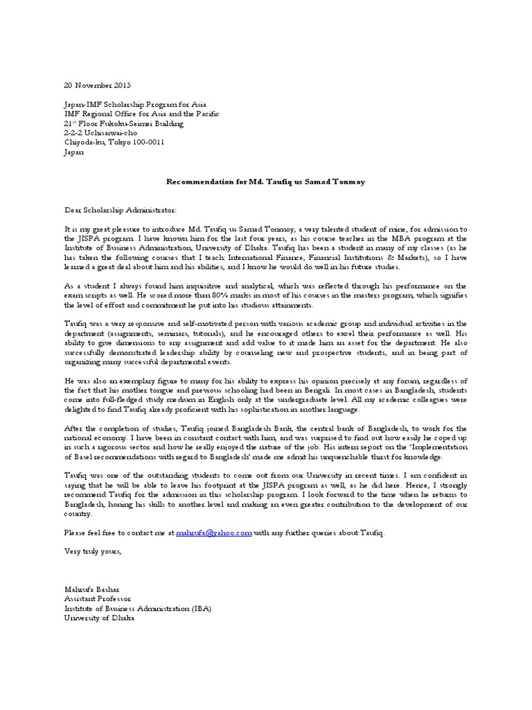 Recommendation Letter Sample | Download Free PDF | Master Of Business ...