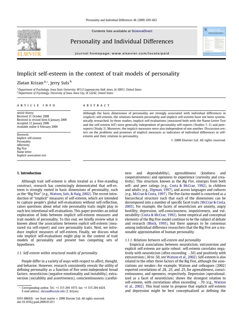 Implicit Self-Esteem in the Context of Trait Models of Personality: An Exploration of the ...