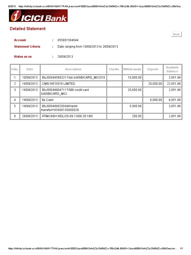 ICICI Bank Infinity Account Statement | PDF