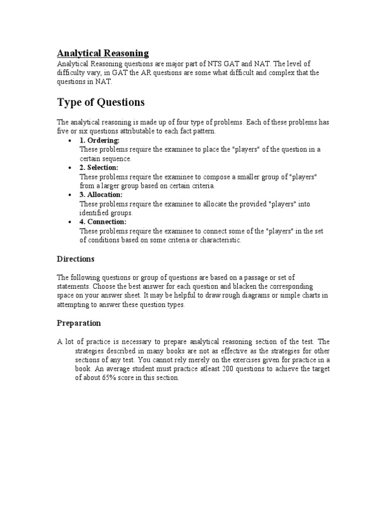 Type of Questions: Analytical Reasoning | PDF | Cognition