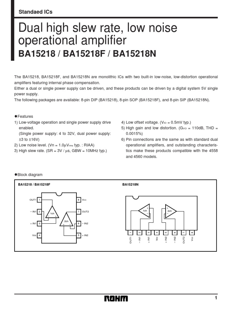 Dual High Slew Rate, Low Noise Operational Amplifier: BA15218 / BA15218F / BA15218N | PDF ...