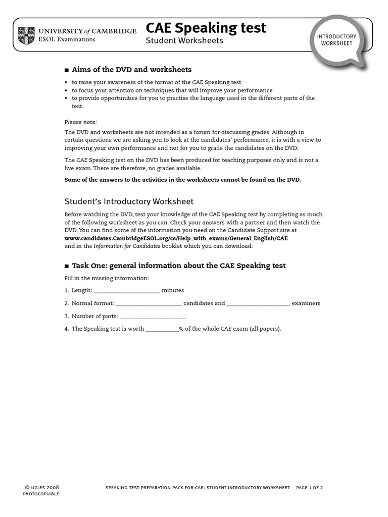 CAE Speaking Test: Student Worksheets | PDF | Test (Assessment) | Cognition