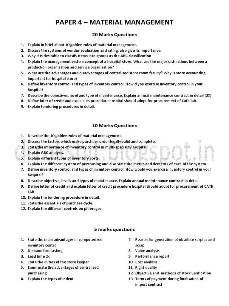 Paper 4 Material Management Question Bank | Download Free PDF ...