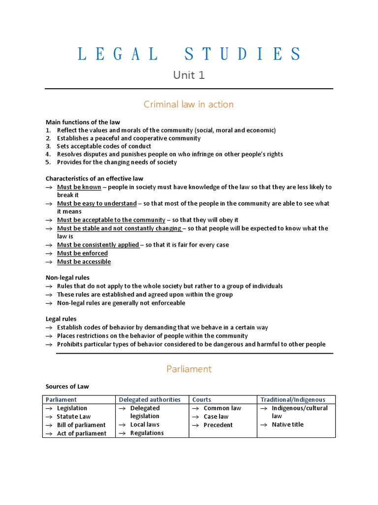 Legal Studies Unit 1 Notes | PDF | Parliament | Australia