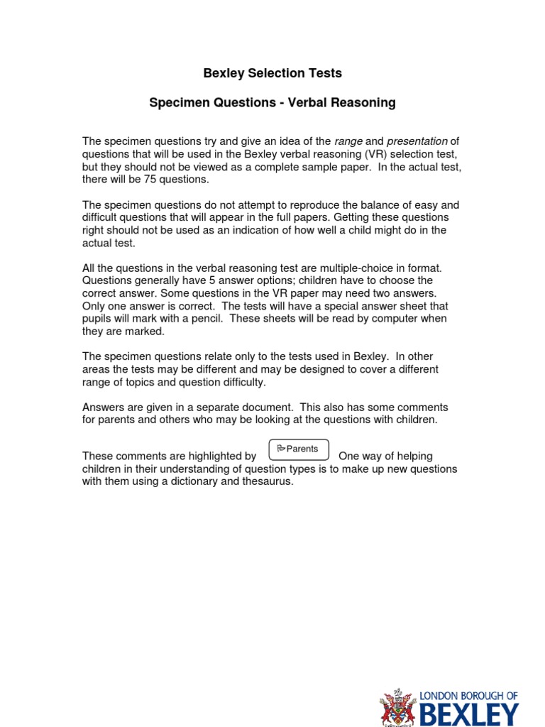 Bexley Selection Tests Specimen Questions - Verbal Reasoning | Download ...