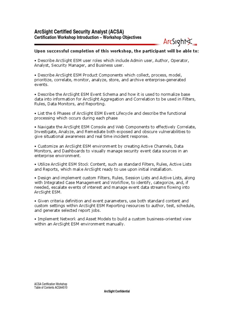 Overview of Objectives and Outline for ArcSight Certified Security ...