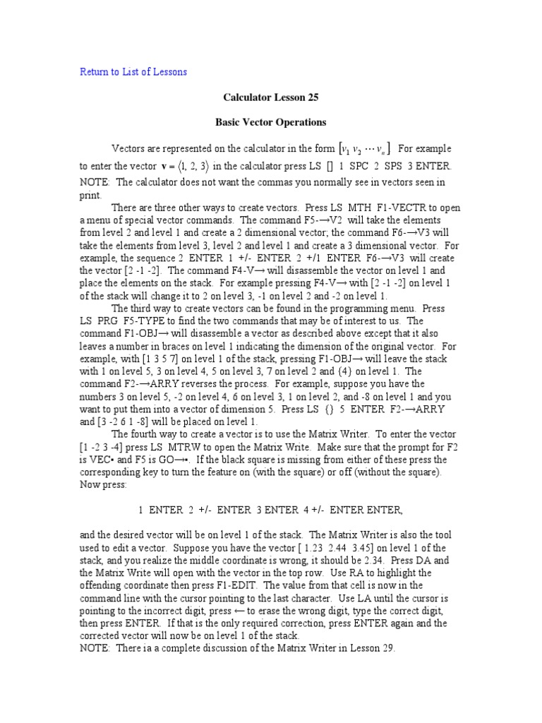 Return To List of Lessons: Calculator Lesson 25 Basic Vector Operations ...
