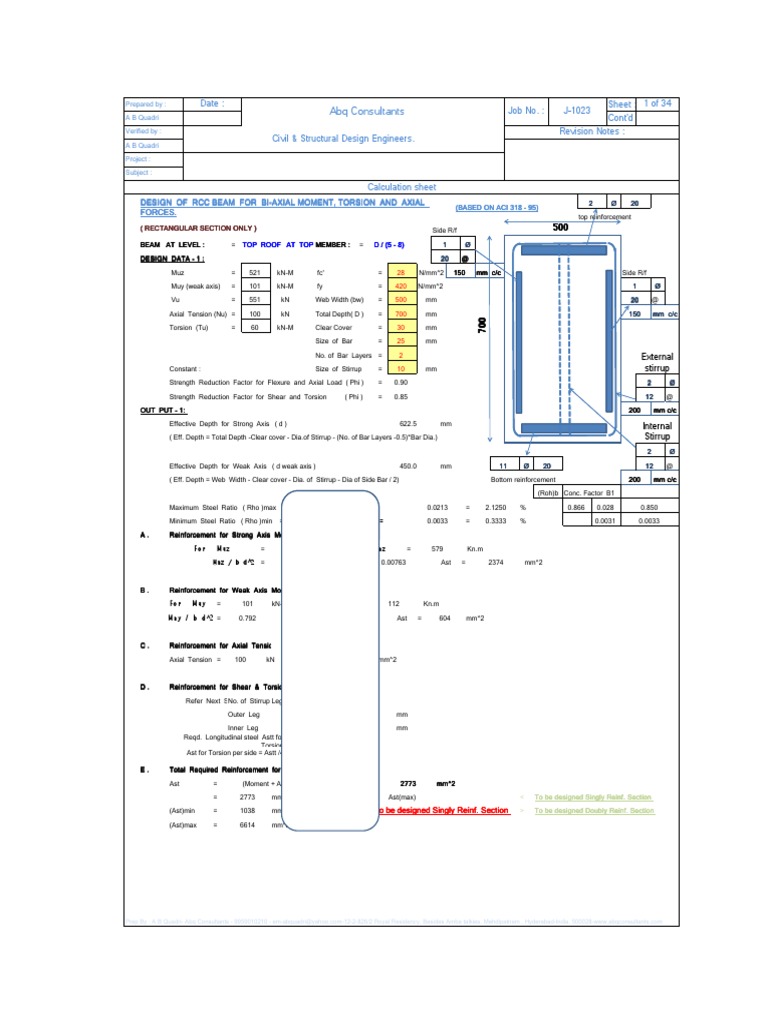 RCC Beam for Biaxial Moment Shear Torsion and Axial Load as Per ACI 318 ...