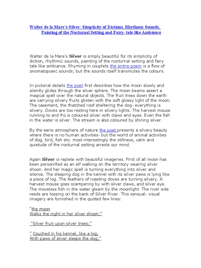 Walter de La Mare's Silver: Simplicity of Dictions, Rhythmic Sounds ...