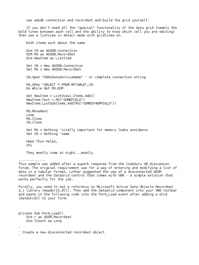 Use Adodb Connection and Recordset and Build The Grid Yourself. | PDF | Component Object Model ...
