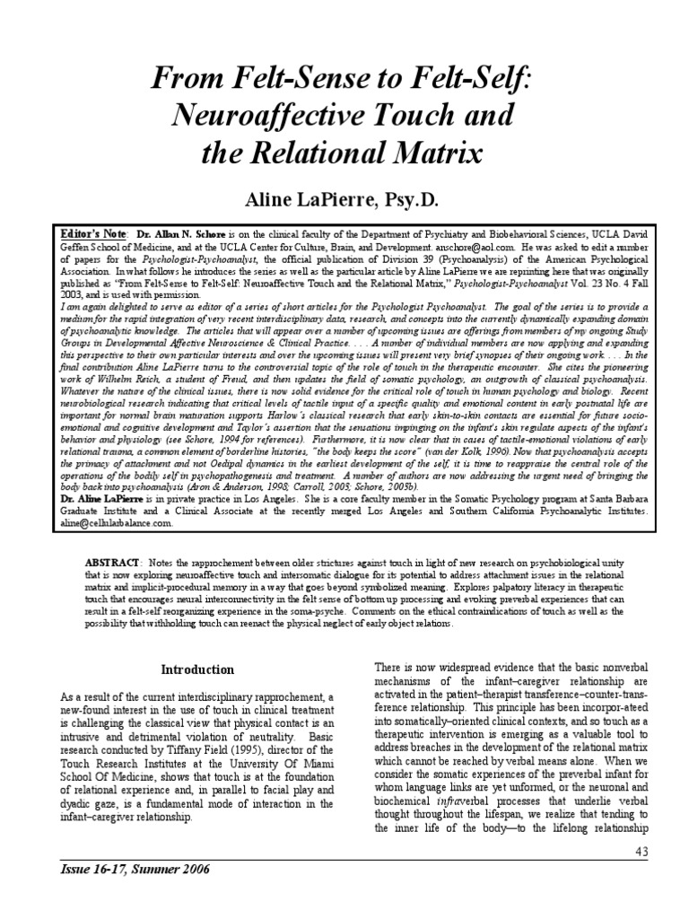 From Felt-Sense To Felt-Self - Neuroaffective Touch and The Relational ...