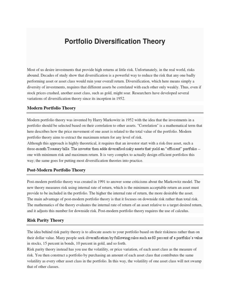 Portfolio Diversification Theories | PDF | Diversification (Finance ...