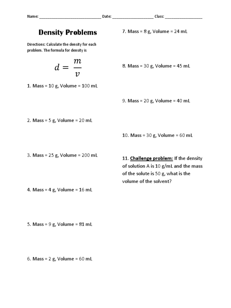 Density Problems: Name: - Date: - Class | PDF | Teaching Methods ...