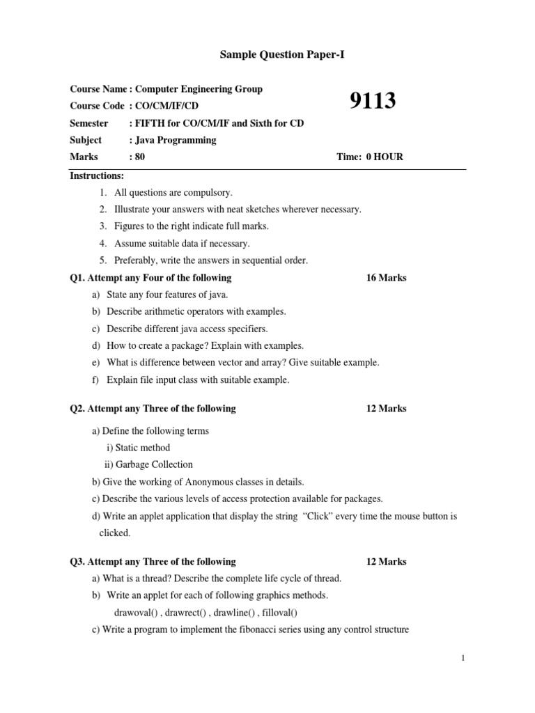 Java Programming Sample Paper 5th Semester Msbte Diploma Pdf Java Programming Language