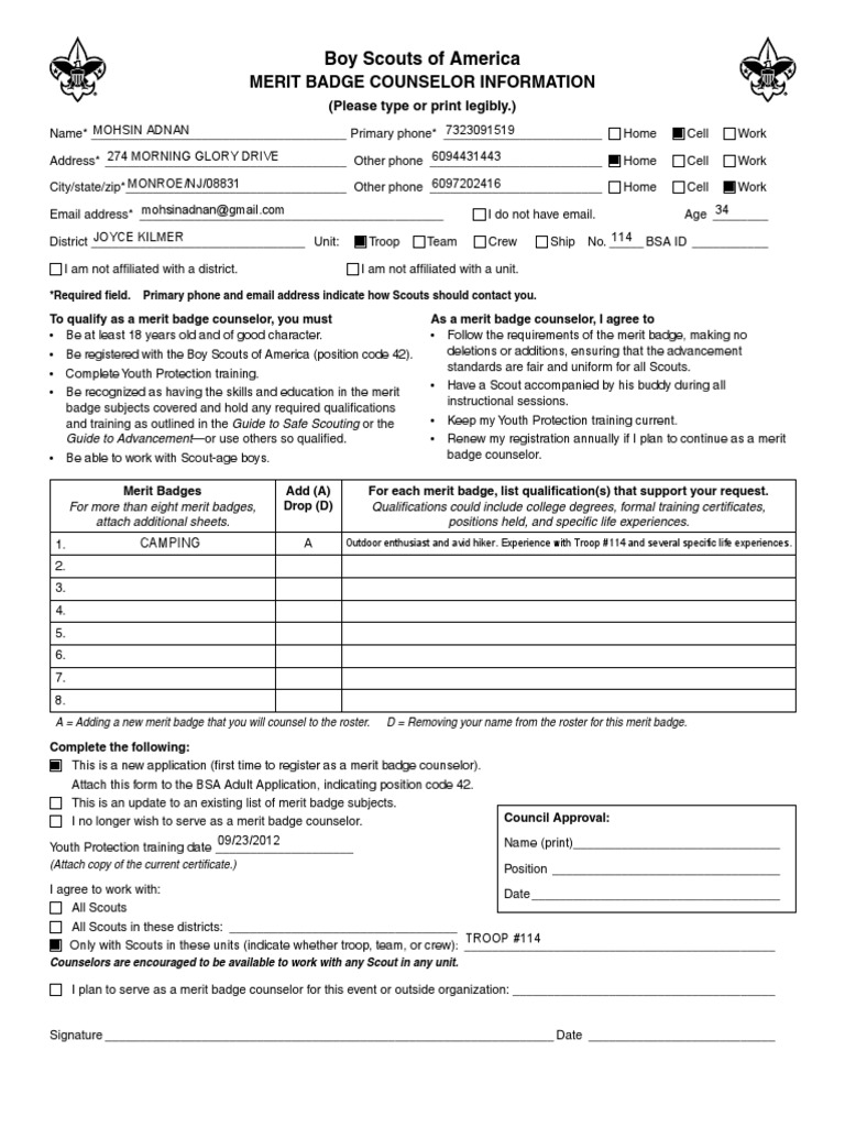34405- BSA Merit Badge Counselor Information FORM | Boy Scouts Of ...
