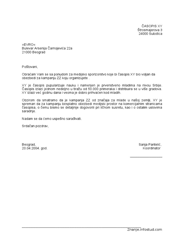 Poslovno Pismo Primer | PDF