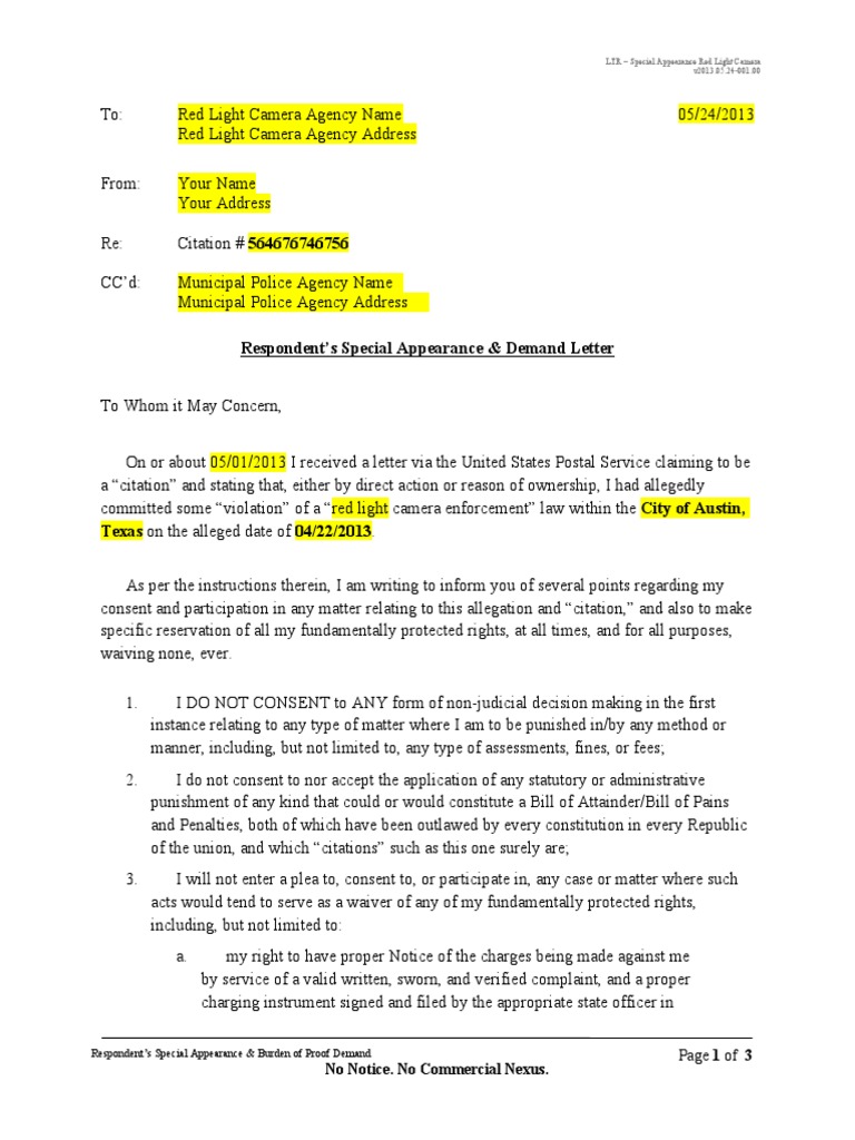 Special Appearance Letter Red Light Camera | PDF
