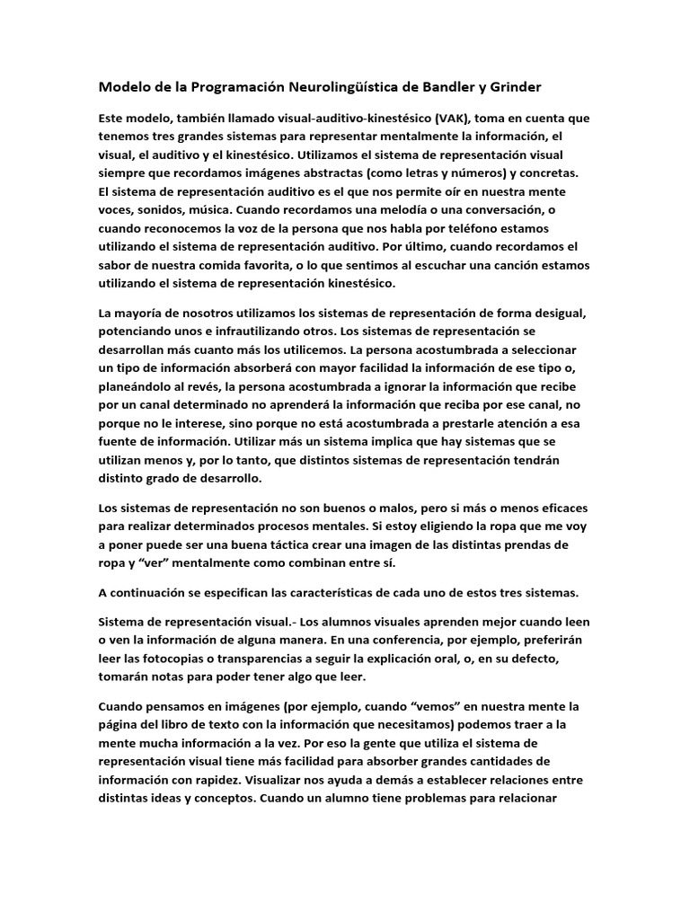 Modelo de La Programación Neurolingüística de Bandler y Grinder | PDF | Información | Aprendizaje