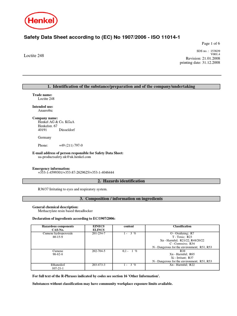 Loctite 248 Safety Data Sheet | PDF | Science & Mathematics