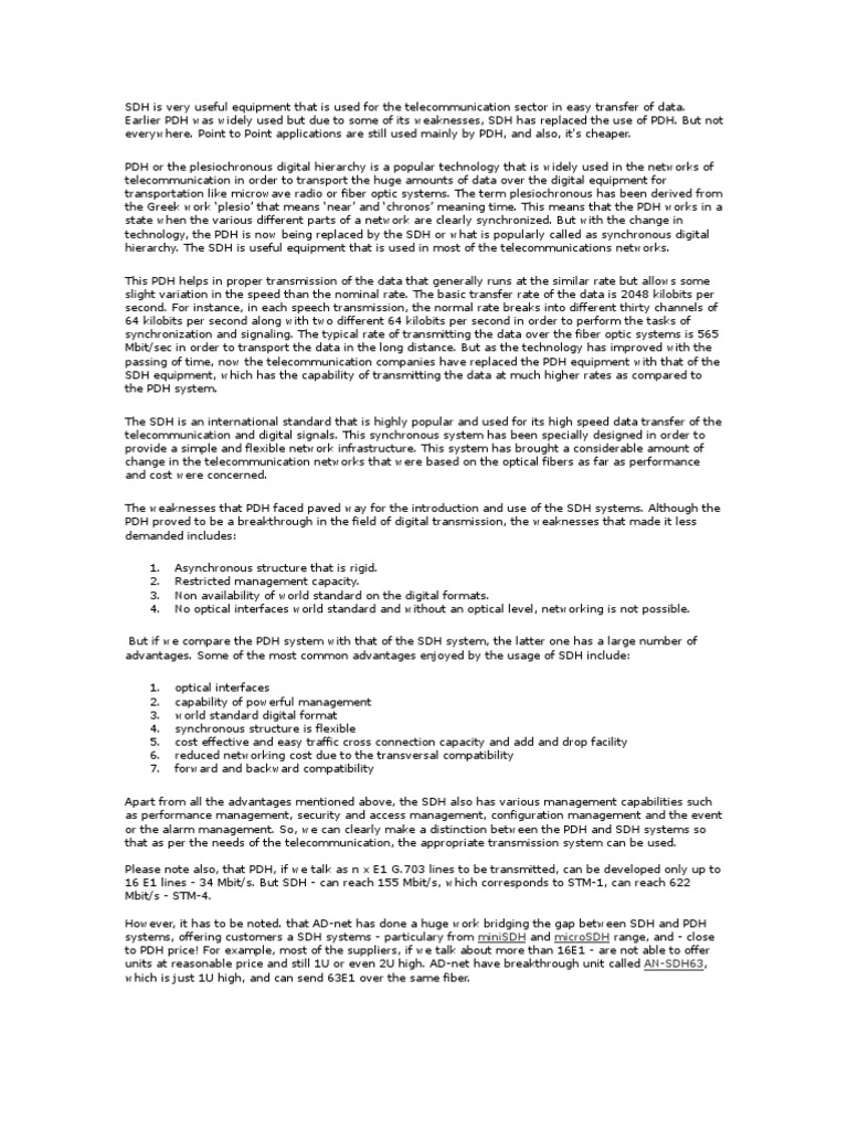 Sdh Is Very Useful Equipment That Is Used For The Telecommunication