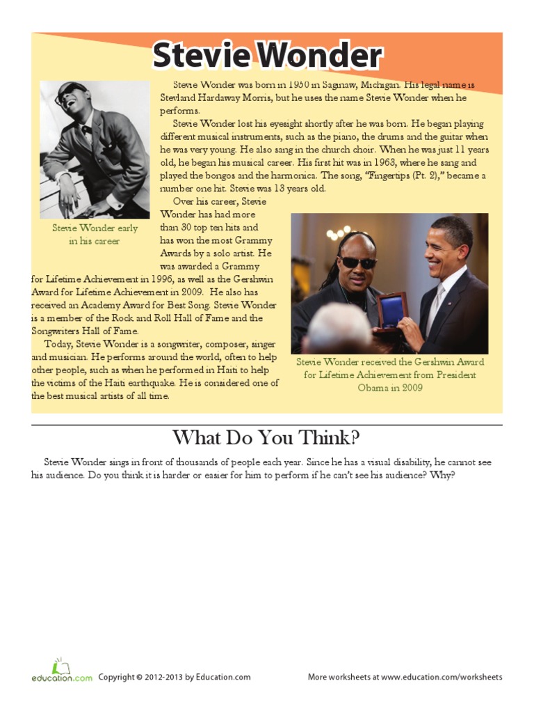 Stevie Wonder Biography Worksheet | PDF