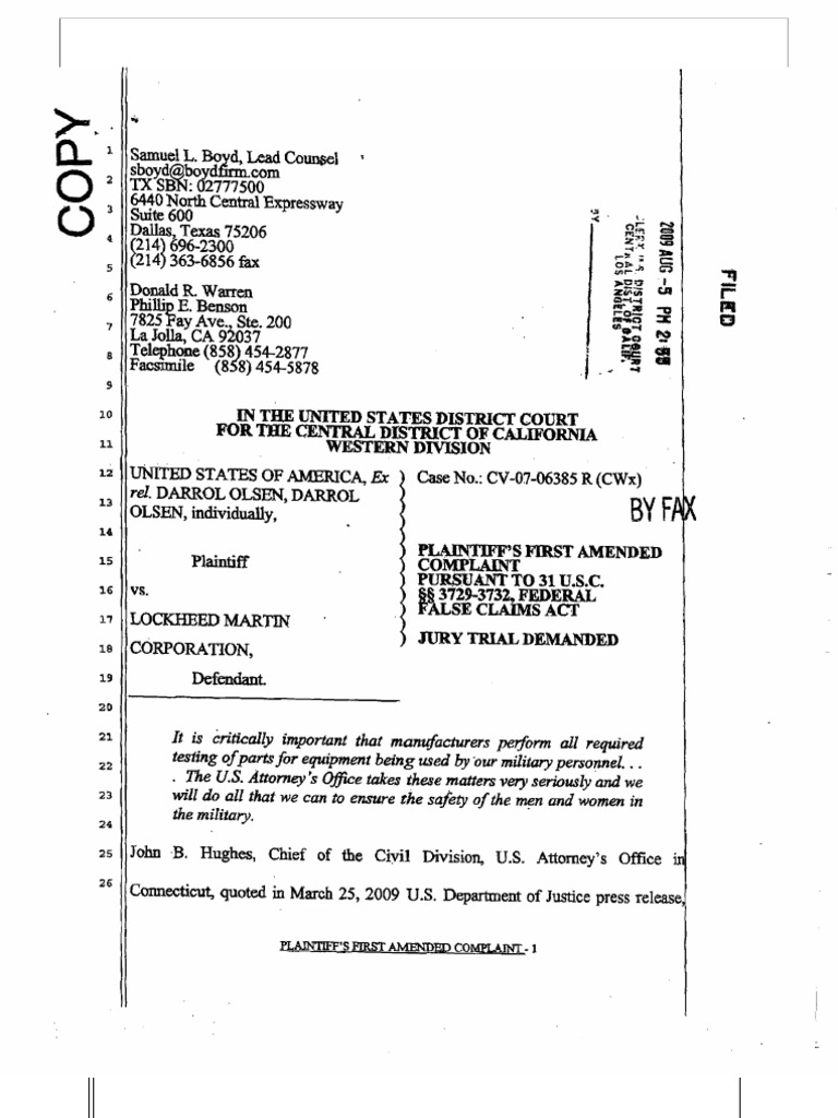 Plaintiff's First Amended Complaint and Exhibits Filed 8 5 09 - Olsen F ...