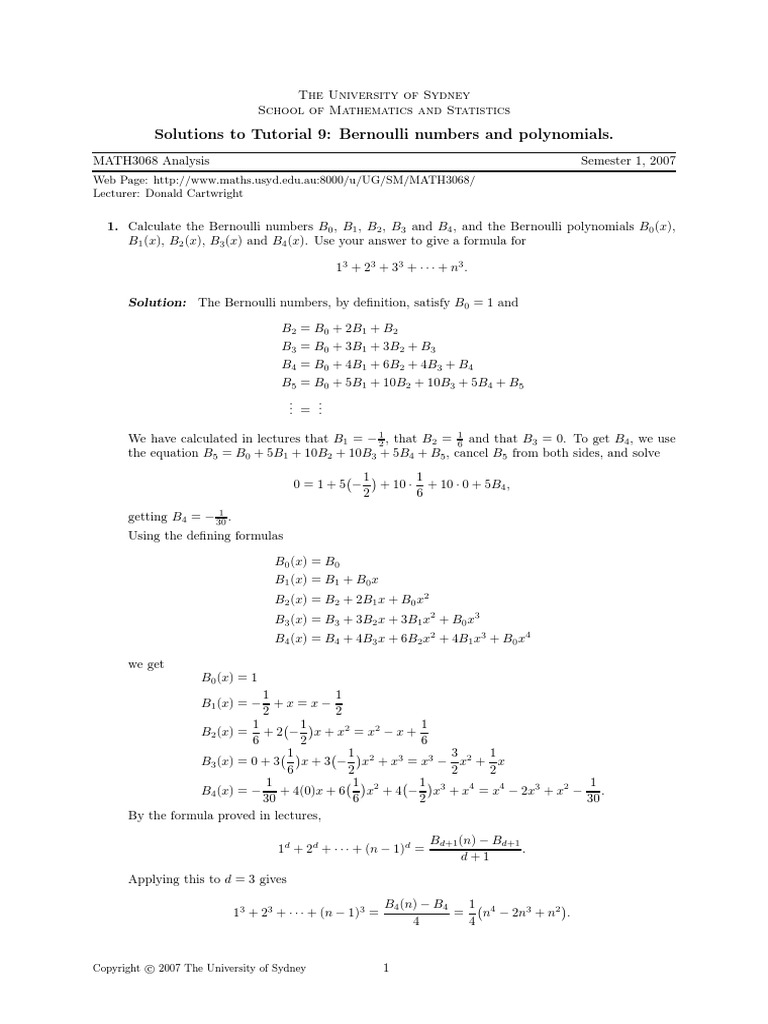 Solutions To Tutorial 9: Bernoulli Numbers and Polynomials | PDF ...