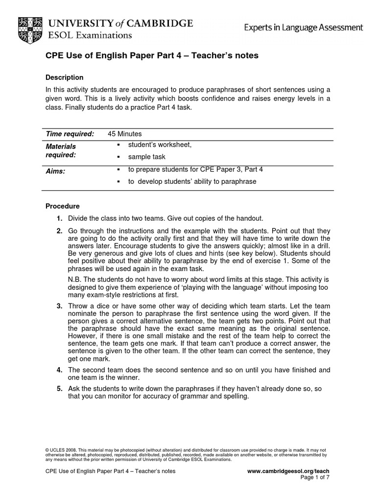 Cpe Use of English Paper Part 4 | PDF | Sentence (Linguistics) | Test ...