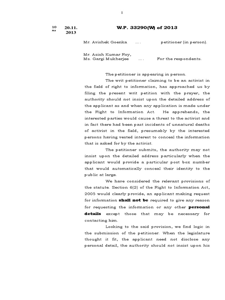 HC Calcutta Allows Anonymous RTI Applications Using Post Box Nos. | PDF | Law